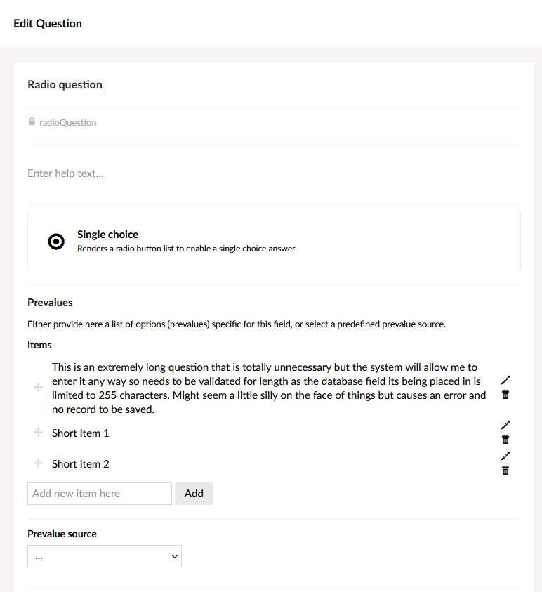 Multiple choice, Single choice and Dropdown answer types do not validate Item/Answer length ...