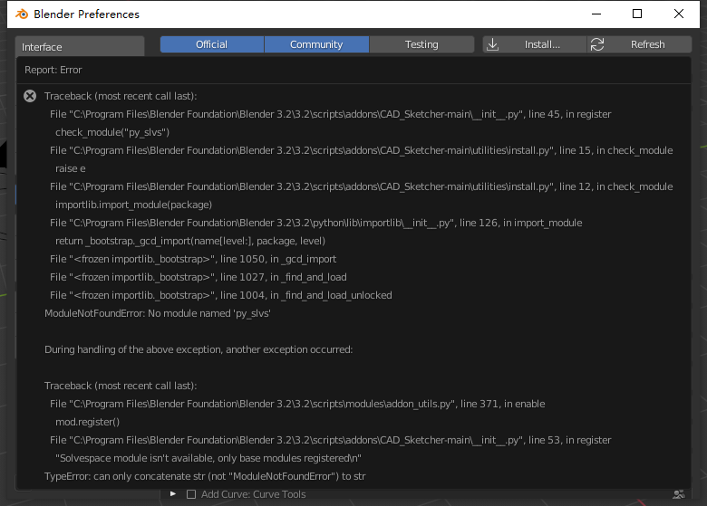 Error when installing plug-ins · Issue #231 · hlorus/CAD_Sketcher · GitHub