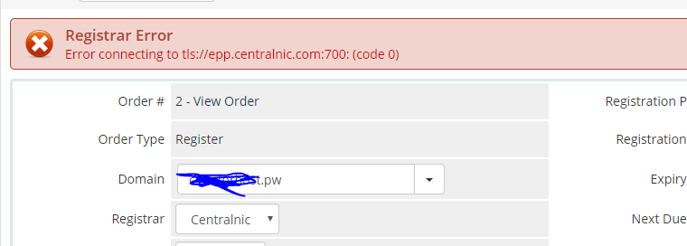 Registrar Error; Error connecting to tls://epp.centralnic.com:700 ...