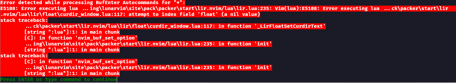 Error detected while processing BufEnter Autocommands for "*" · Issue #3561 · LunarVim/LunarVim ...