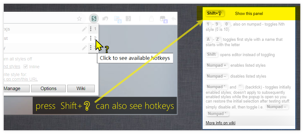 Add `Shift+?` for Popup to show hotkeys panel · Issue #1044 · openstyles/stylus · GitHub