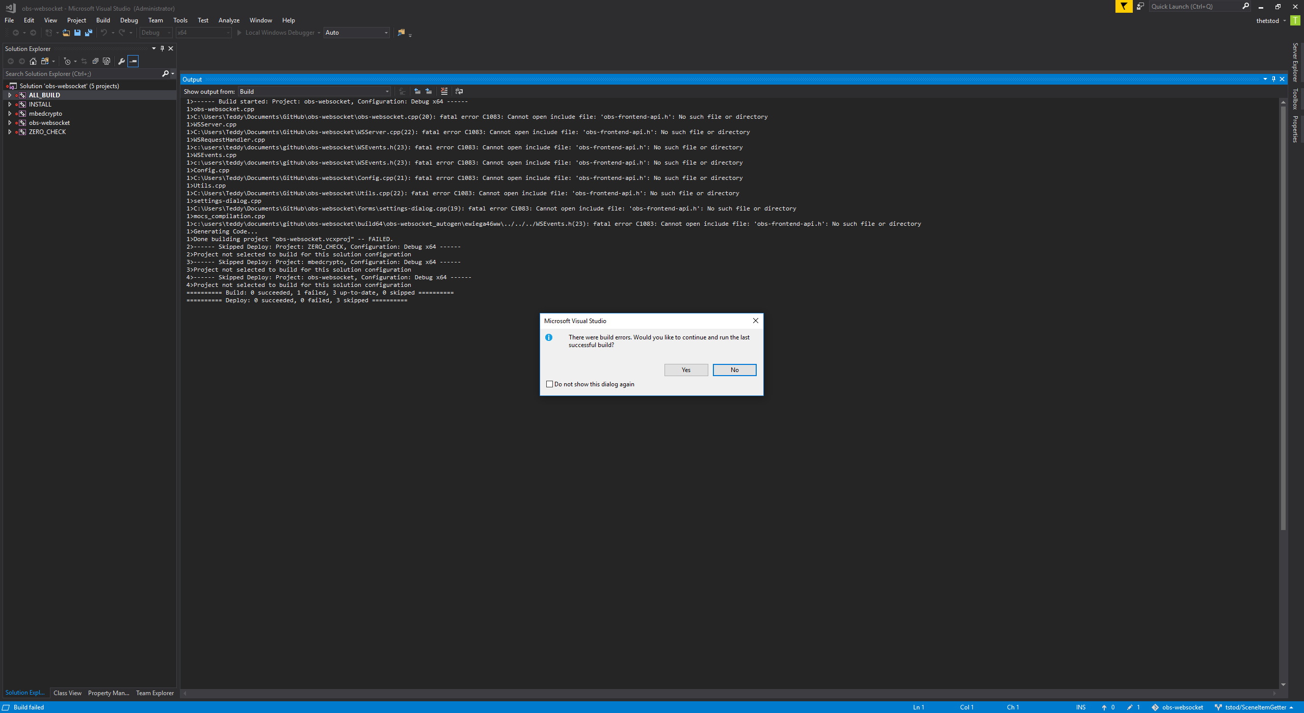 Windows 64 Compilebuild Errors · Issue 140 · Obsprojectobs Websocket · Github