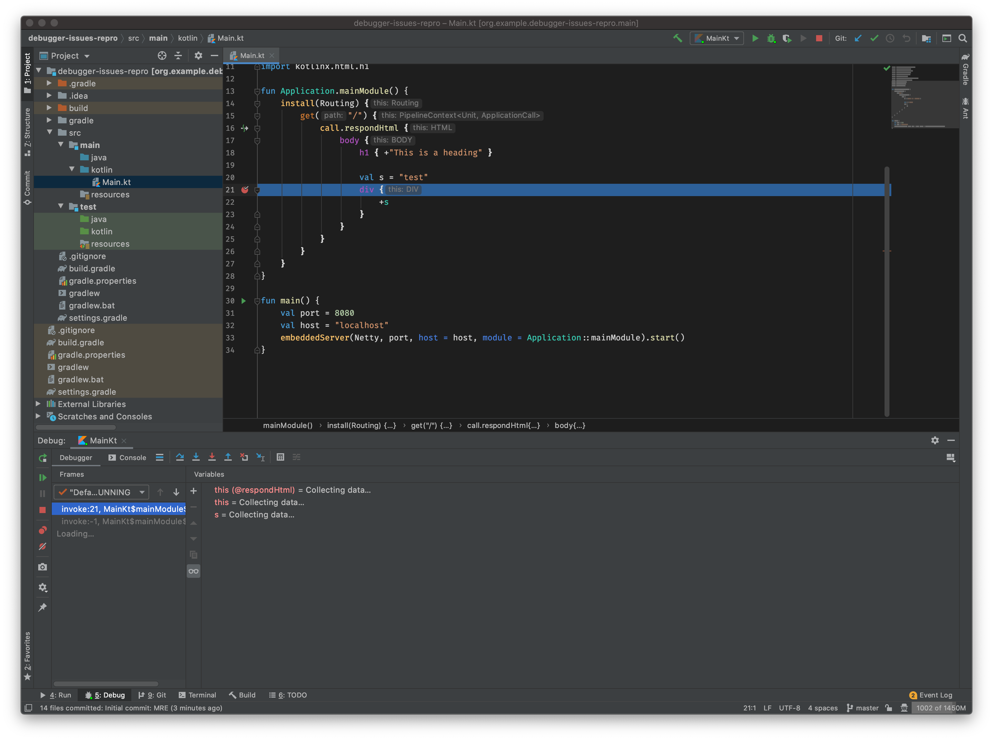 Breakpoint in HTML DSL with Ktor-Server causes IntelliJ Debugger to hog memory and hang with ...