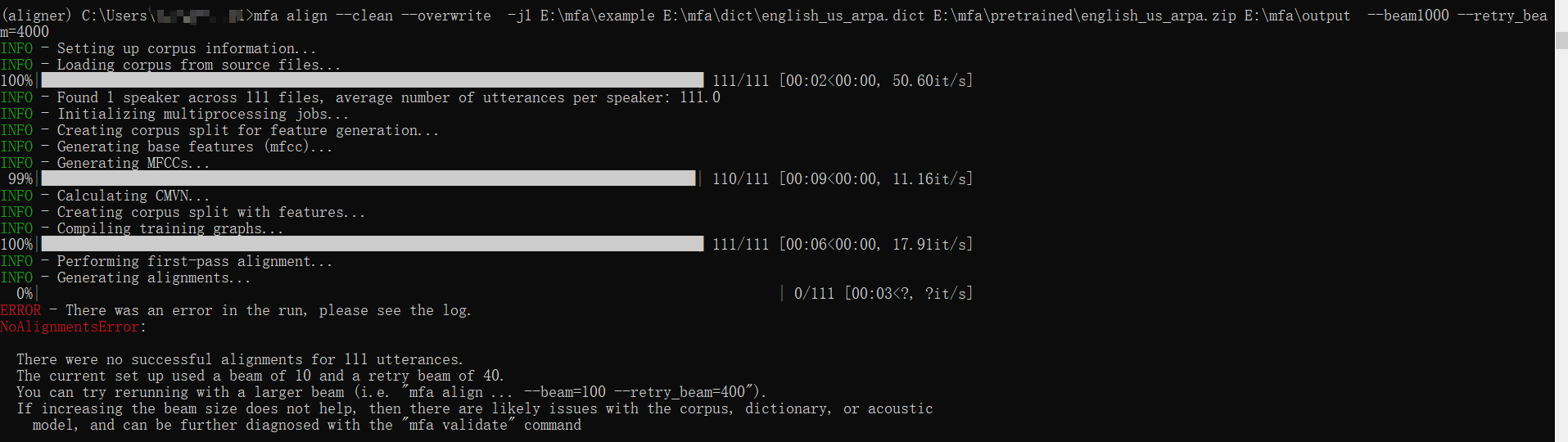 [BUG]NoAlignmentsError · Issue #507 · MontrealCorpusTools/Montreal-Forced-Aligner · GitHub