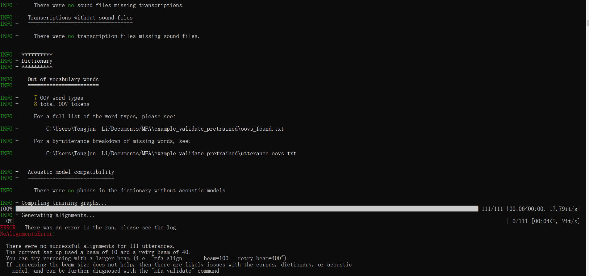 [BUG]NoAlignmentsError · Issue #507 · MontrealCorpusTools/Montreal-Forced-Aligner · GitHub