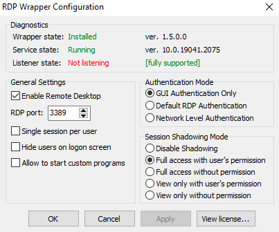 RDP Wrapper Configuration shows [not supported]: 10.0.19041.2075 ...