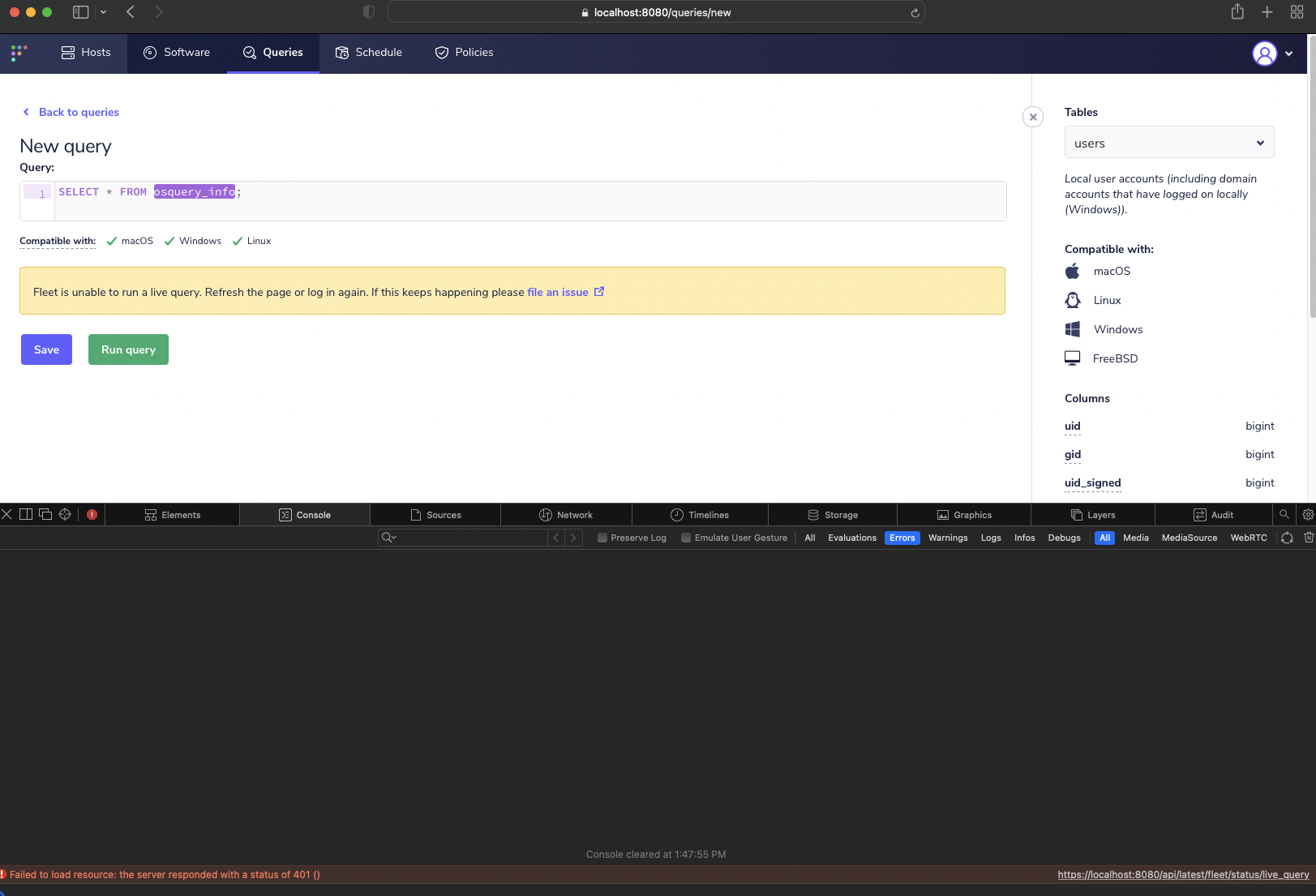 401 error on live query · Issue #5195 · fleetdm/fleet · GitHub