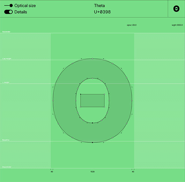 The horizontal bar is biased to the right on the Theta (U+0398) of Inter v4 Variable when 900 at ...