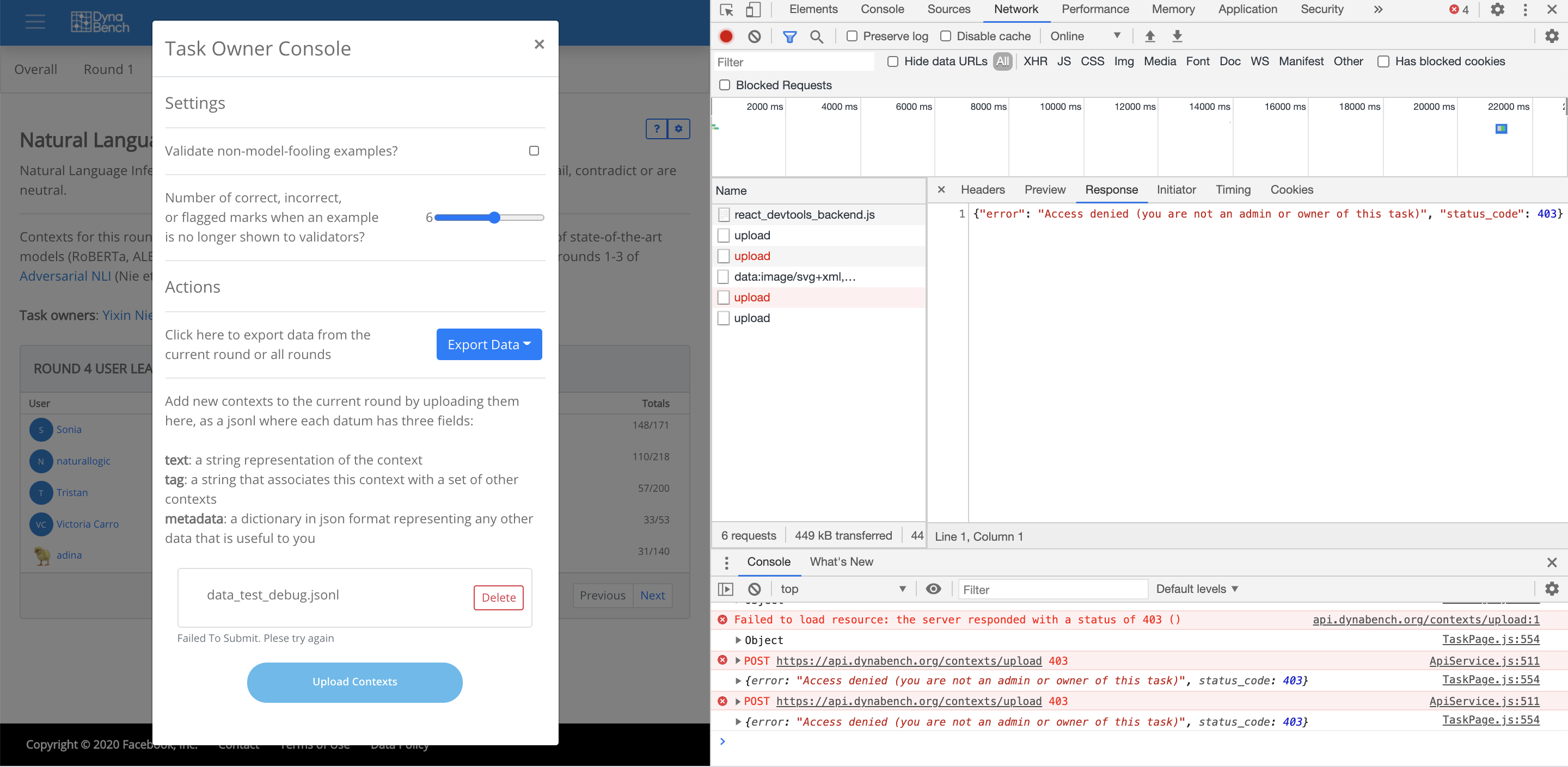 Cannot upload contexts with the new upload UI. · Issue #214 · facebookresearch/dynabench · GitHub