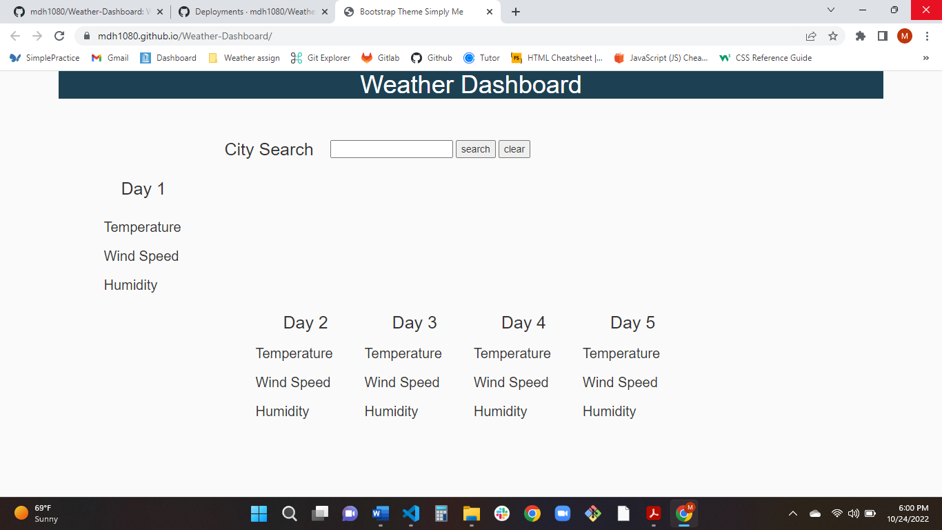 GitHub - mdh1080/Weather-Dashboard: Weather dashboard featuring 5 day ...