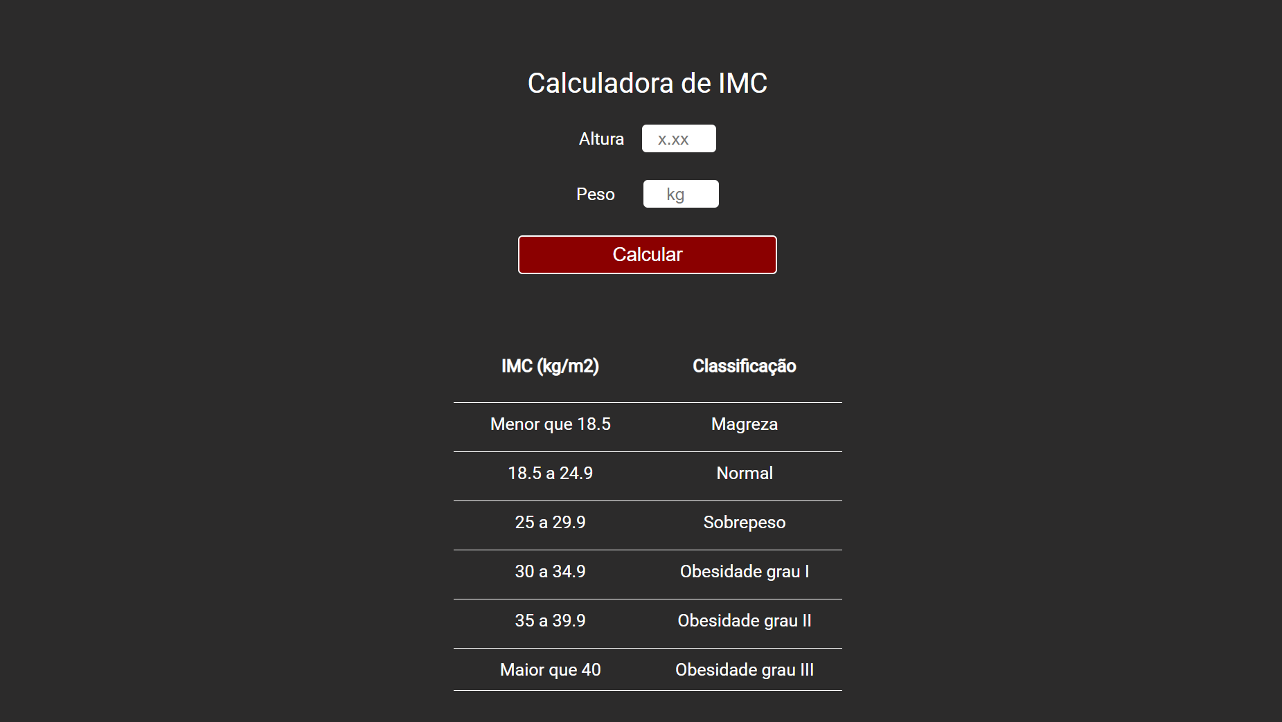 GitHub - Michelle-Laignier/calculadora-de-imc: calculadora de IMC