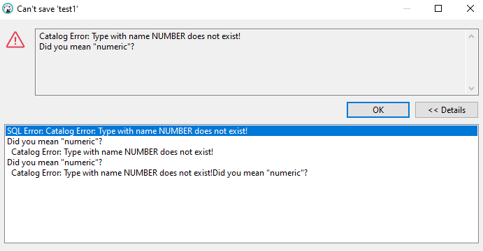 DuckDB "Number" datatype should be replaced with "Numeric", in the datatype selection pick list ...