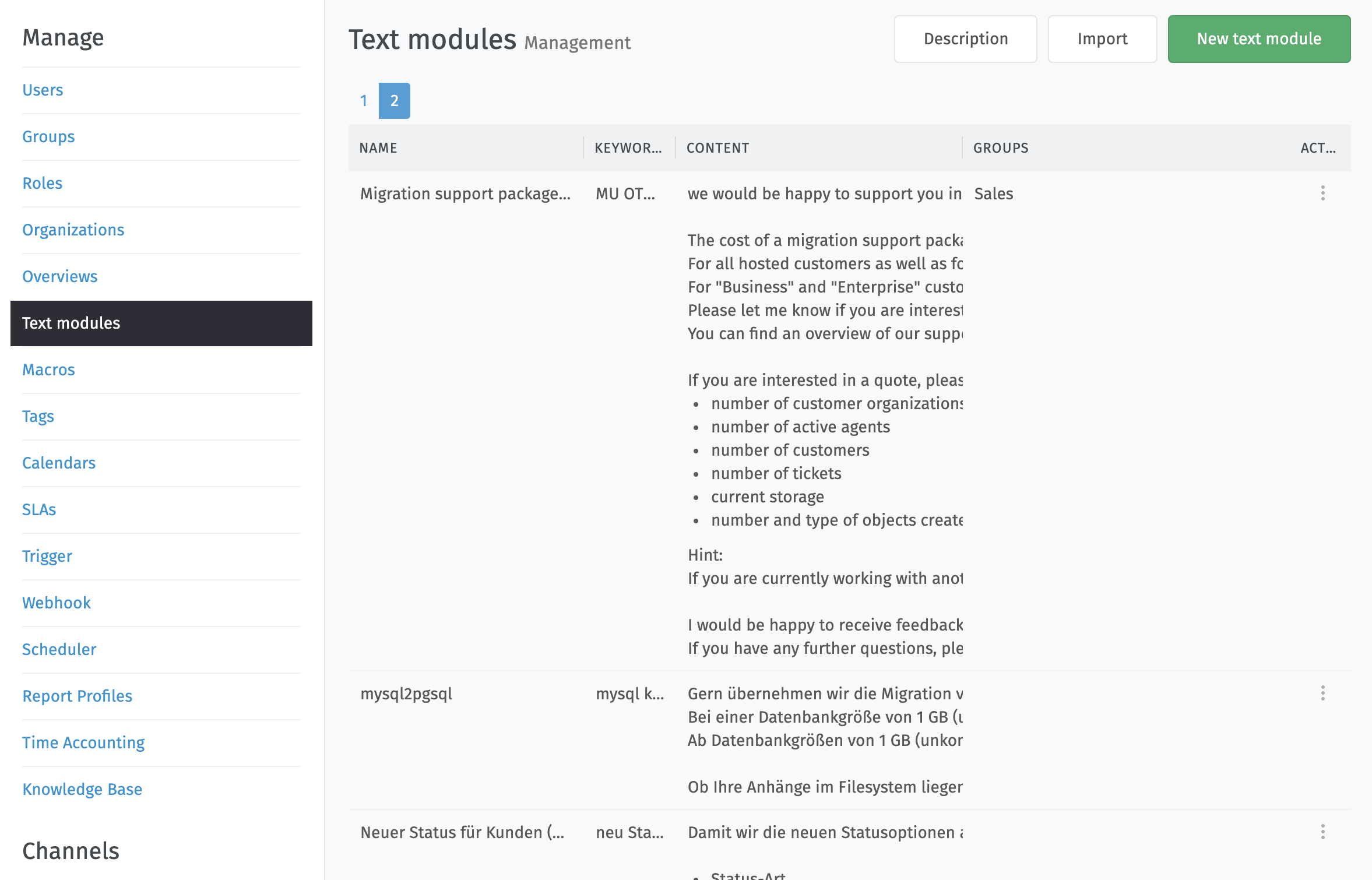 Add search option to admin screens (like it already exists for users) to text modules, macros ...