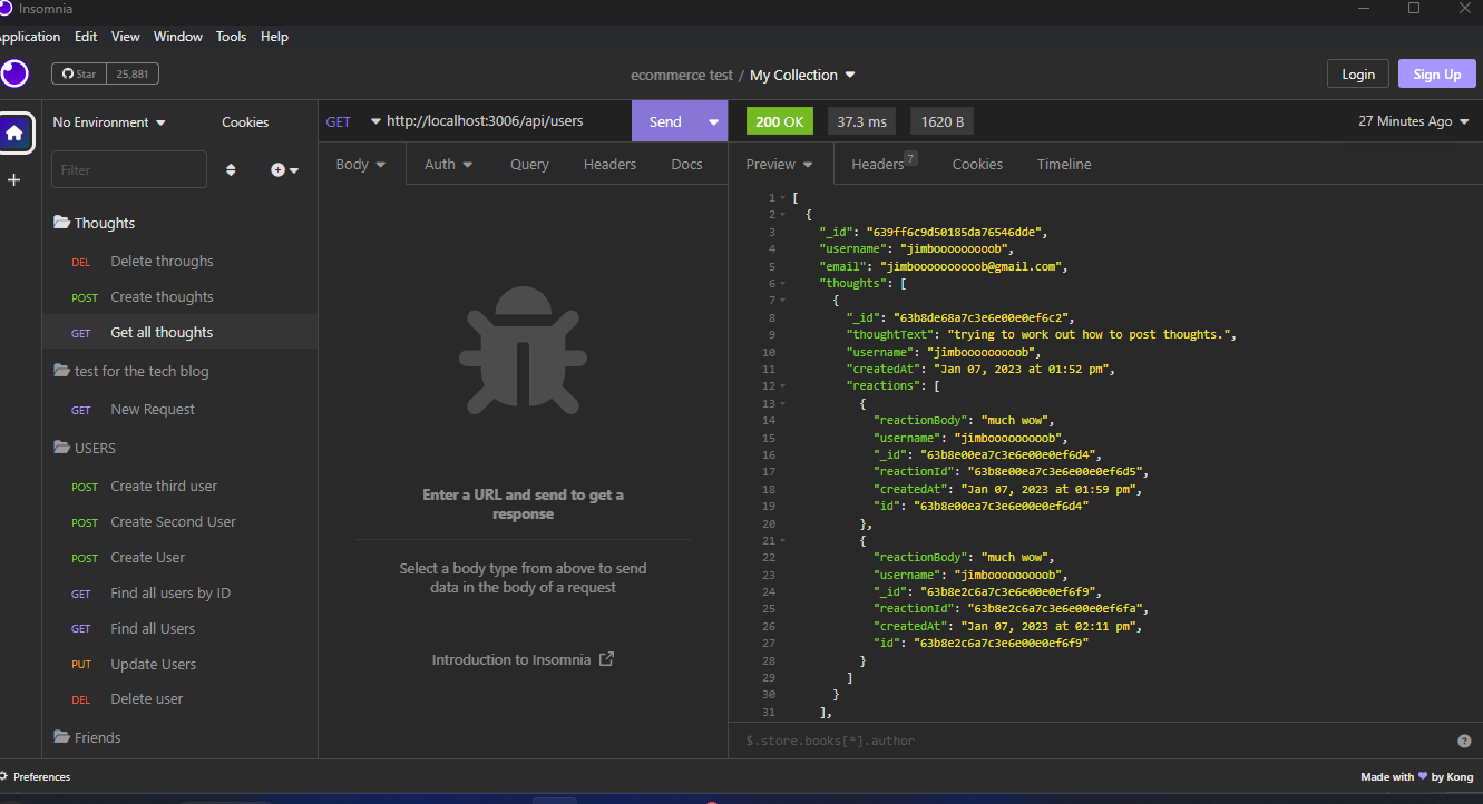 GitHub - Jimmybubbles/NoSQL-Challenge-Social-Network-API: build an API for a social network