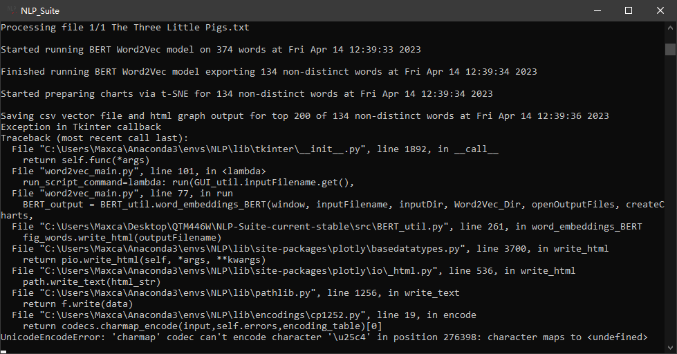 [BUG]: Word2Vec Unicode Encode Error and Runtime Error · Issue #1074 · NLP-Suite/NLP-Suite · GitHub
