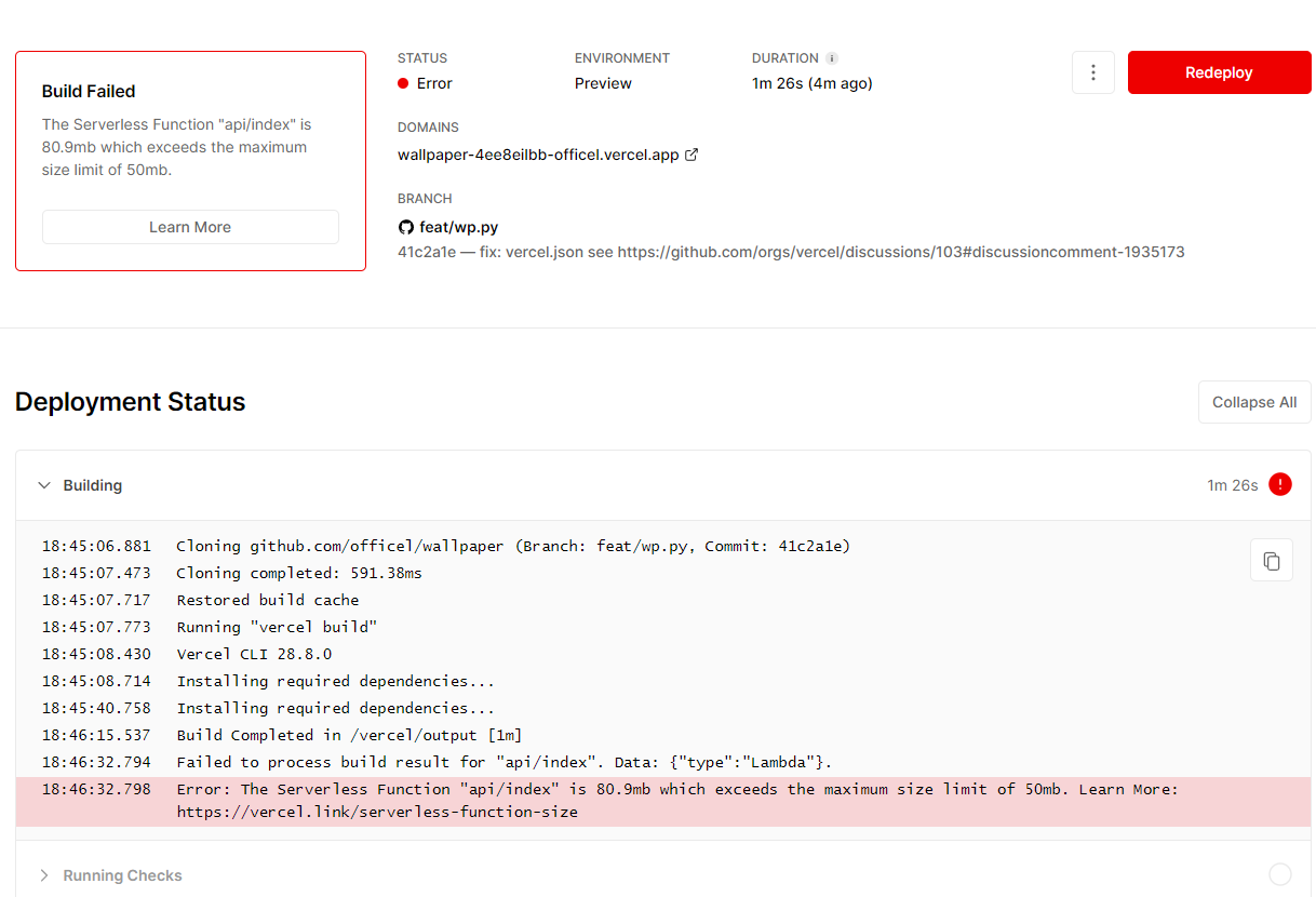 Error The Serverless Function Apiindex Is 809mb Which Exceeds The Maximum Size Limit Of