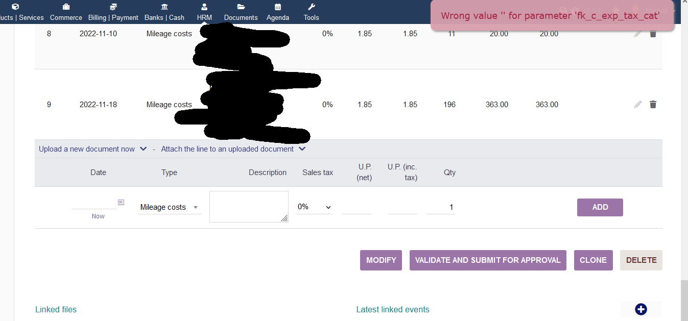 Expense Report Mileage Costs Generate Errorbadvalueforparameter · Issue 22459 · Dolibarr 