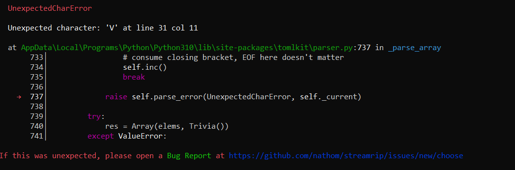 Unexpected Char Error · Issue #356 · nathom/streamrip · GitHub