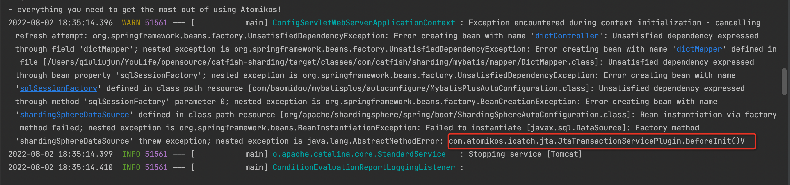 ShardingSphere v5.1.2 XA transaction has errors, When spring boot integrations start running ...