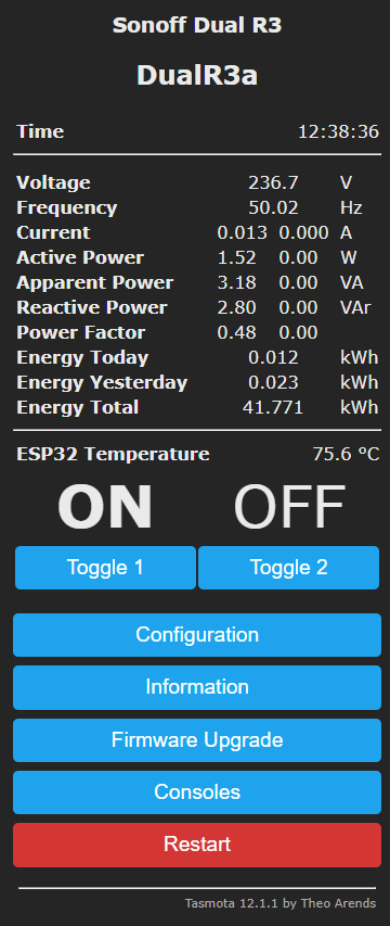 Sonoff Dual R3 no Voltage or power shown (Tasmota 12.1.1) · Issue #16365 · arendst/Tasmota · GitHub