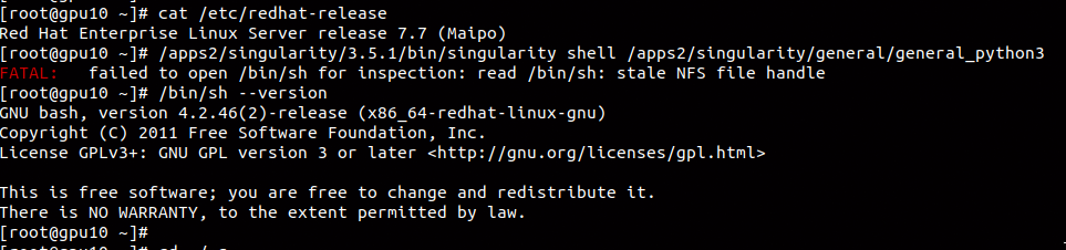 Singualrity Sandbox doesn't work in Red Hat 7.7 (Maipo) Error: FATAL: exec /.singularity.d ...