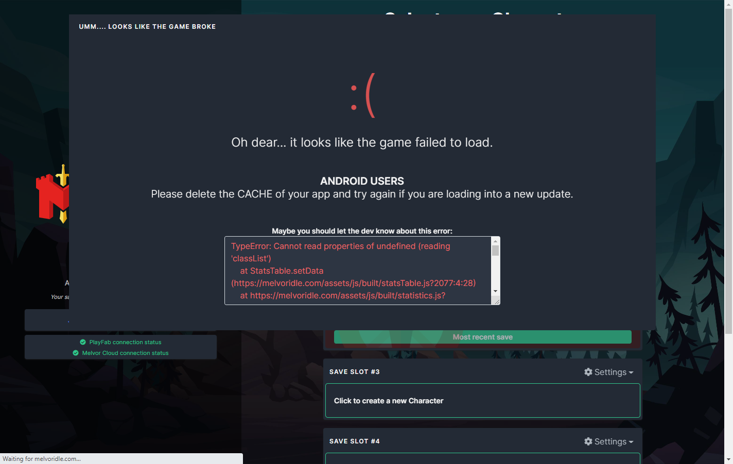 [Bug]: game failing to load · Issue #2551 · MelvorIdle/melvoridle.github.io · GitHub