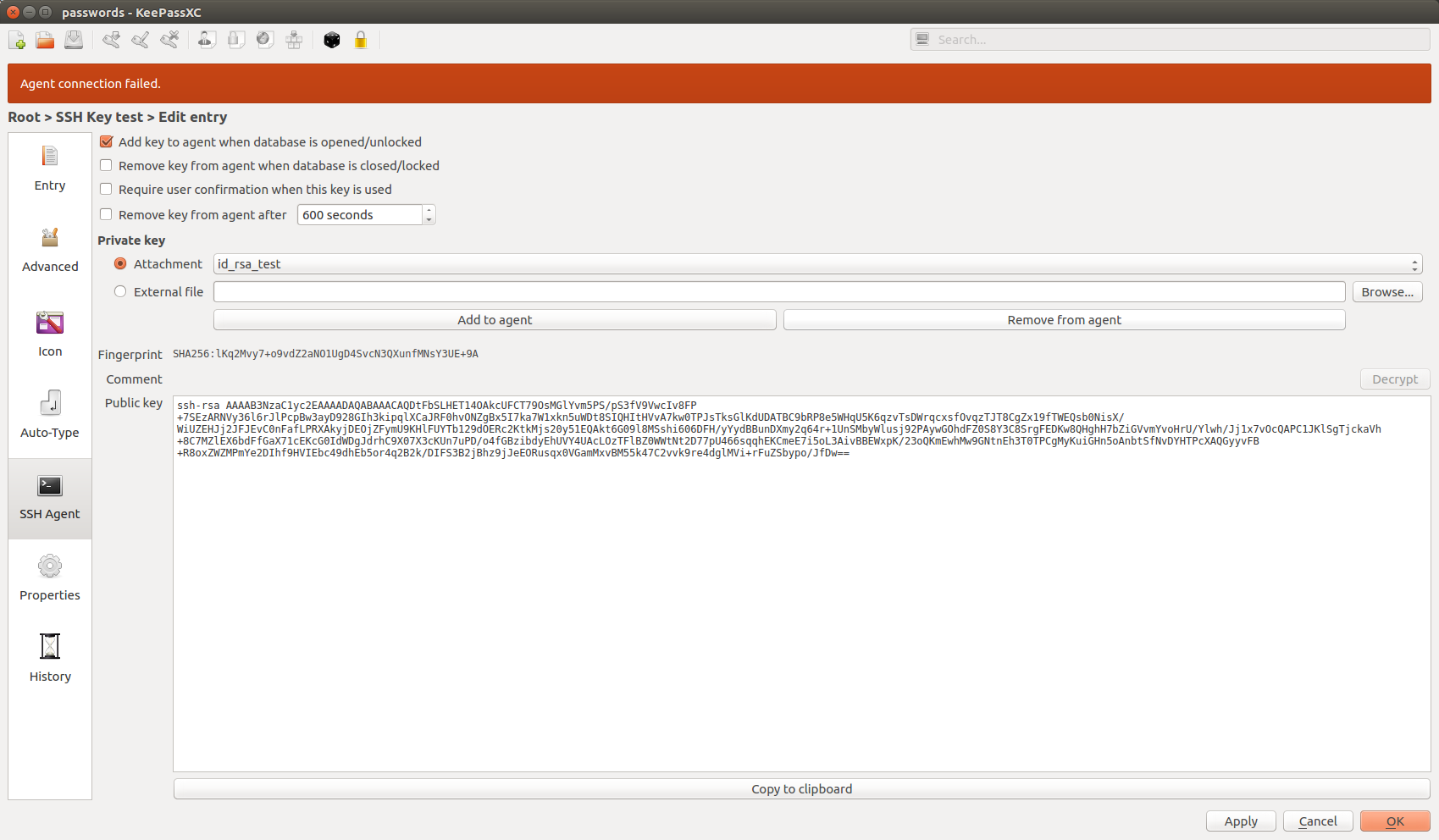 Cant add ssh key "Agent connection failed" · Issue #1746 · keepassxreboot/keepassxc · GitHub