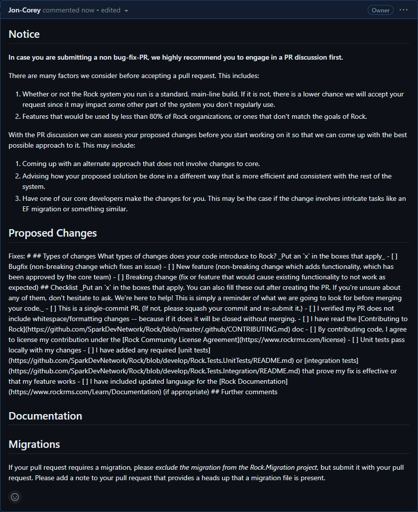 Pull Request Template Formatting Error · Issue 5495 · Sparkdevnetwork Rock · Github