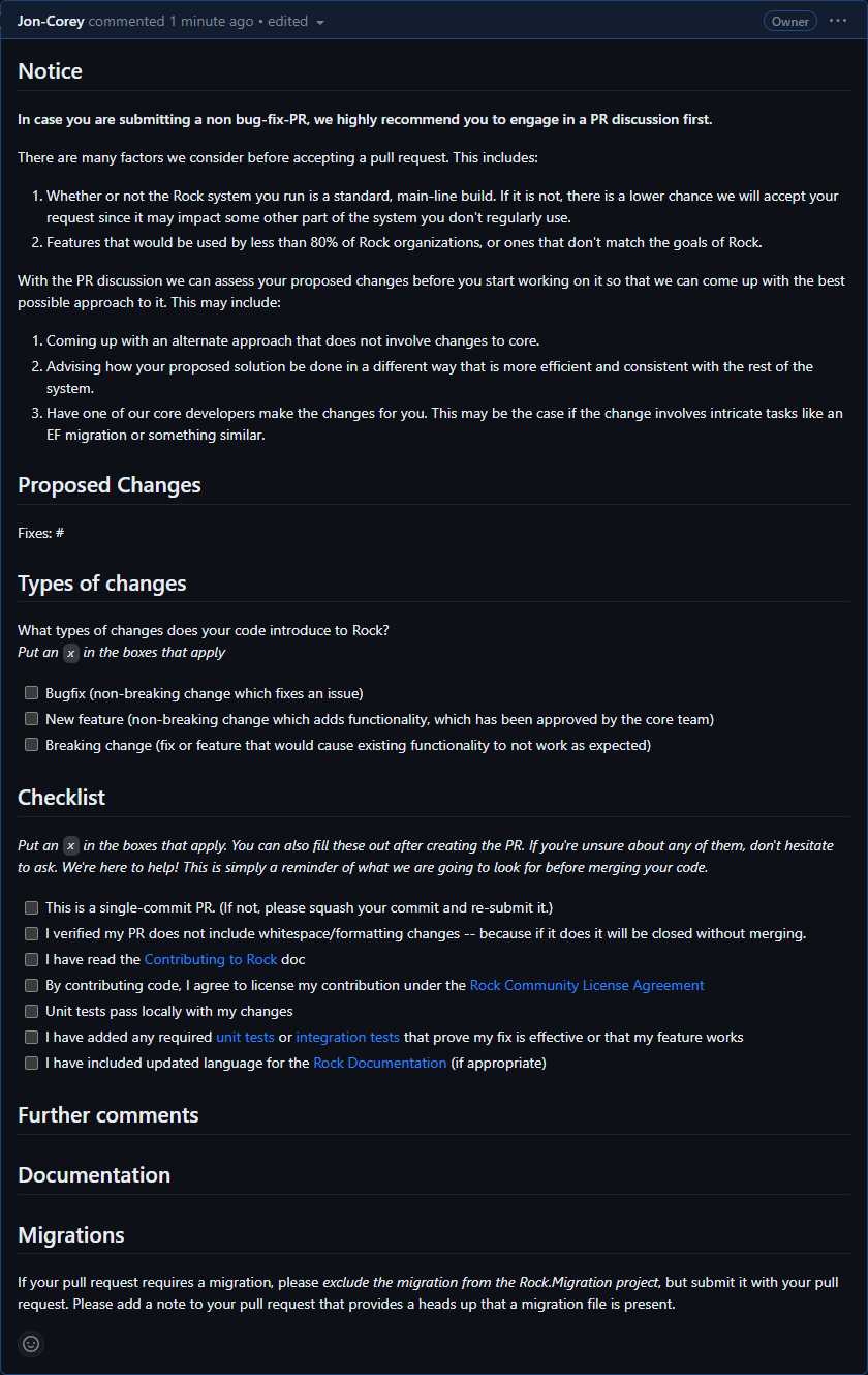 Pull Request Template Formatting Error · Issue 5495 · Sparkdevnetwork Rock · Github