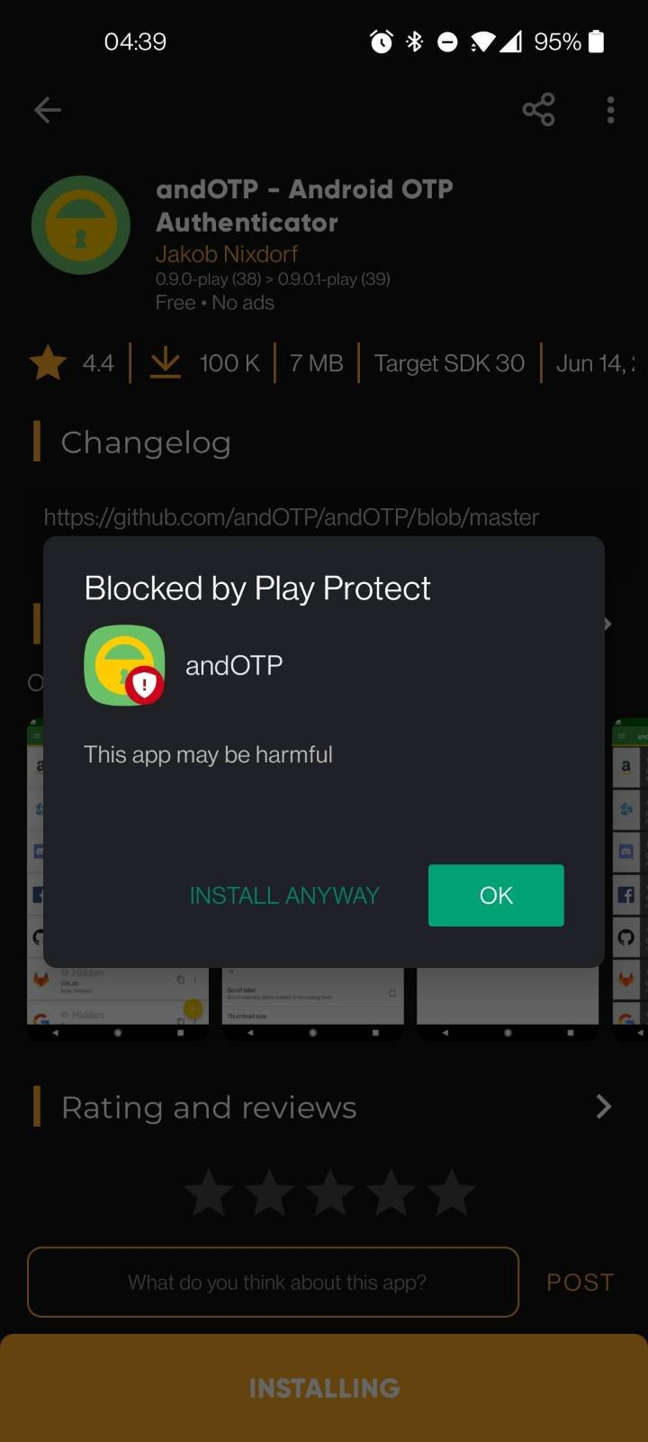 9.0.1 seems blocked by Google Play Protect? · Issue #863 · andOTP/andOTP · GitHub