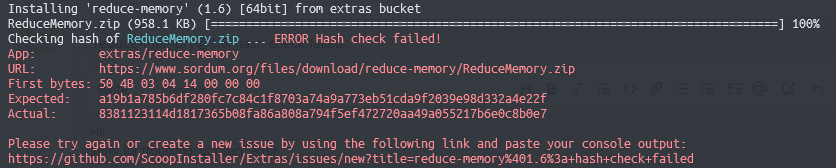 reduce-memory@1.6: hash check failed · Issue #11568 · ScoopInstaller/Extras · GitHub