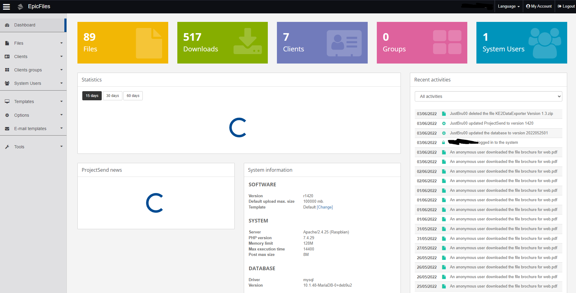 Version r1420 Statistics graph and ProjectSend news won't load · Issue #1103 · projectsend ...