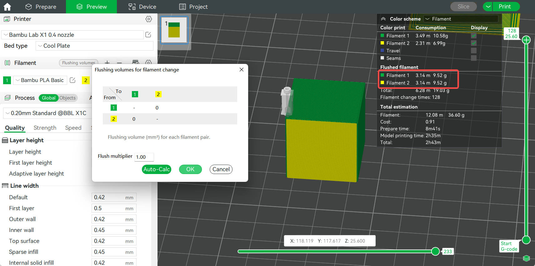 Flushed filament estimate inaccurate if flushing volume set to zero ...