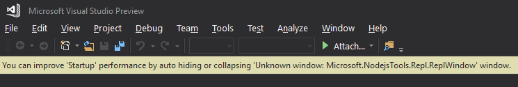 VS 2017 message: "You can improve Startup performance.... Microsoft.NodejsTools.Repl.ReplWindow ...