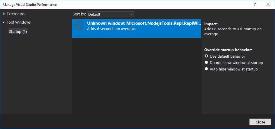 VS 2017 message: "You can improve Startup performance.... Microsoft.NodejsTools.Repl.ReplWindow ...
