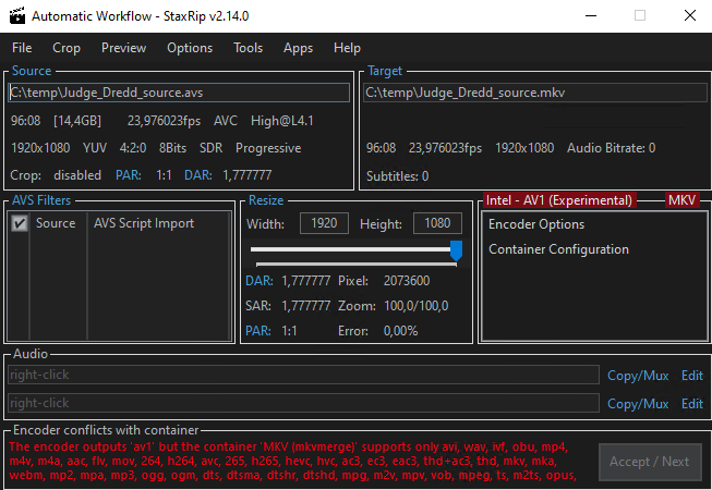 QSVEnc AV1 and MKV (mkvmerge) container conflict (Staxrip v2.14.0 ...