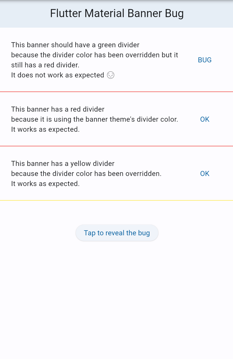 MaterialBanner with ScaffoldMessenger: Unable to change the divider color. · Issue #123937 ...