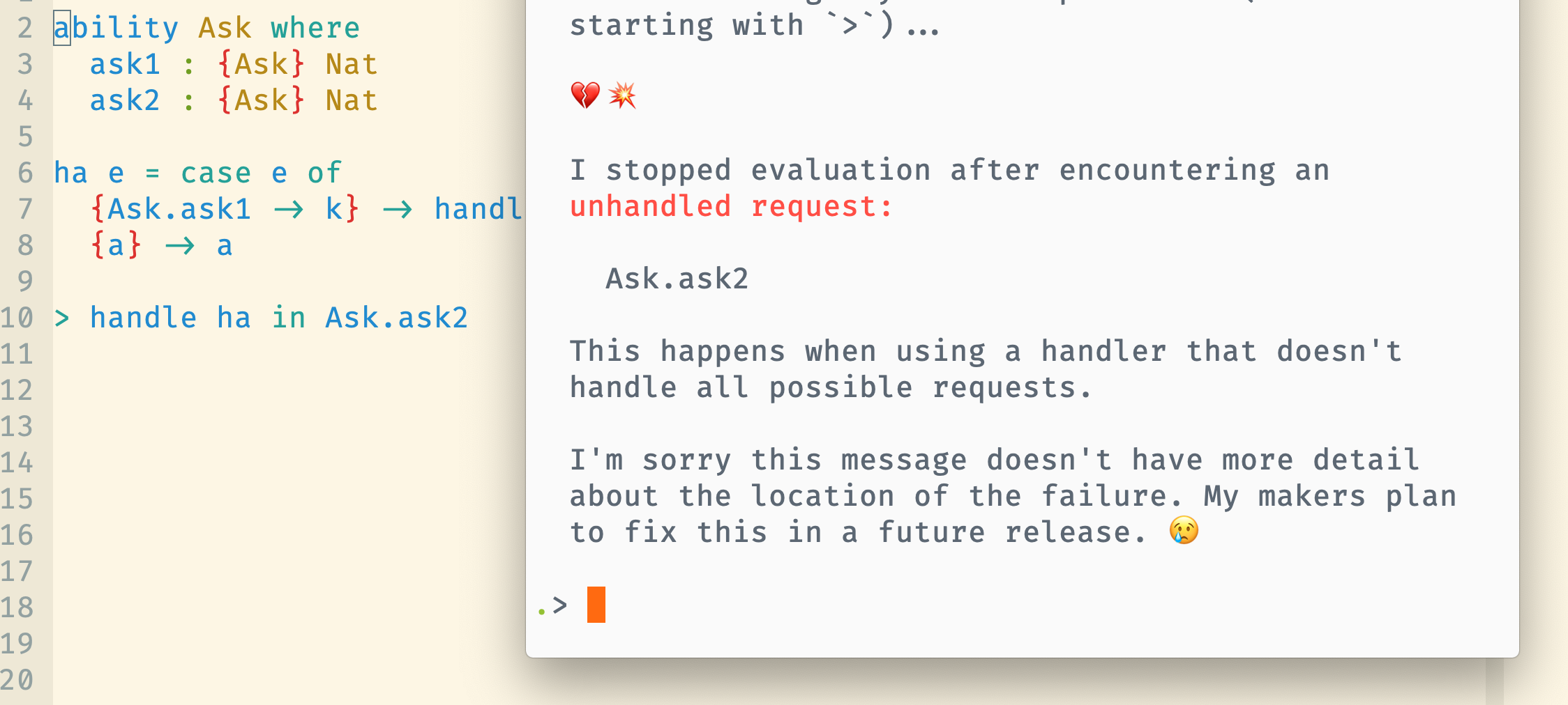 Unhandled request should not crash the codebase editor and the message should show some name for ...