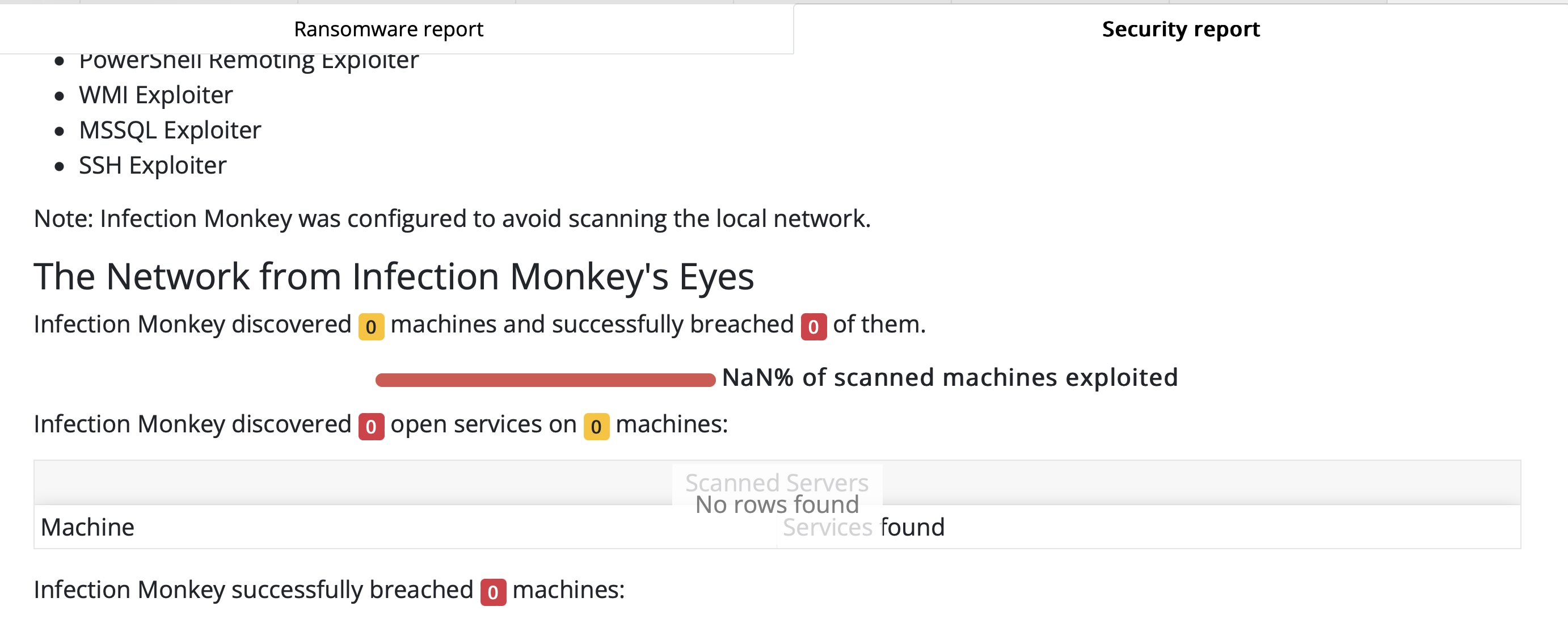 Security report shows NAN if no machines to exploit · Issue #2954 · guardicore/monkey · GitHub