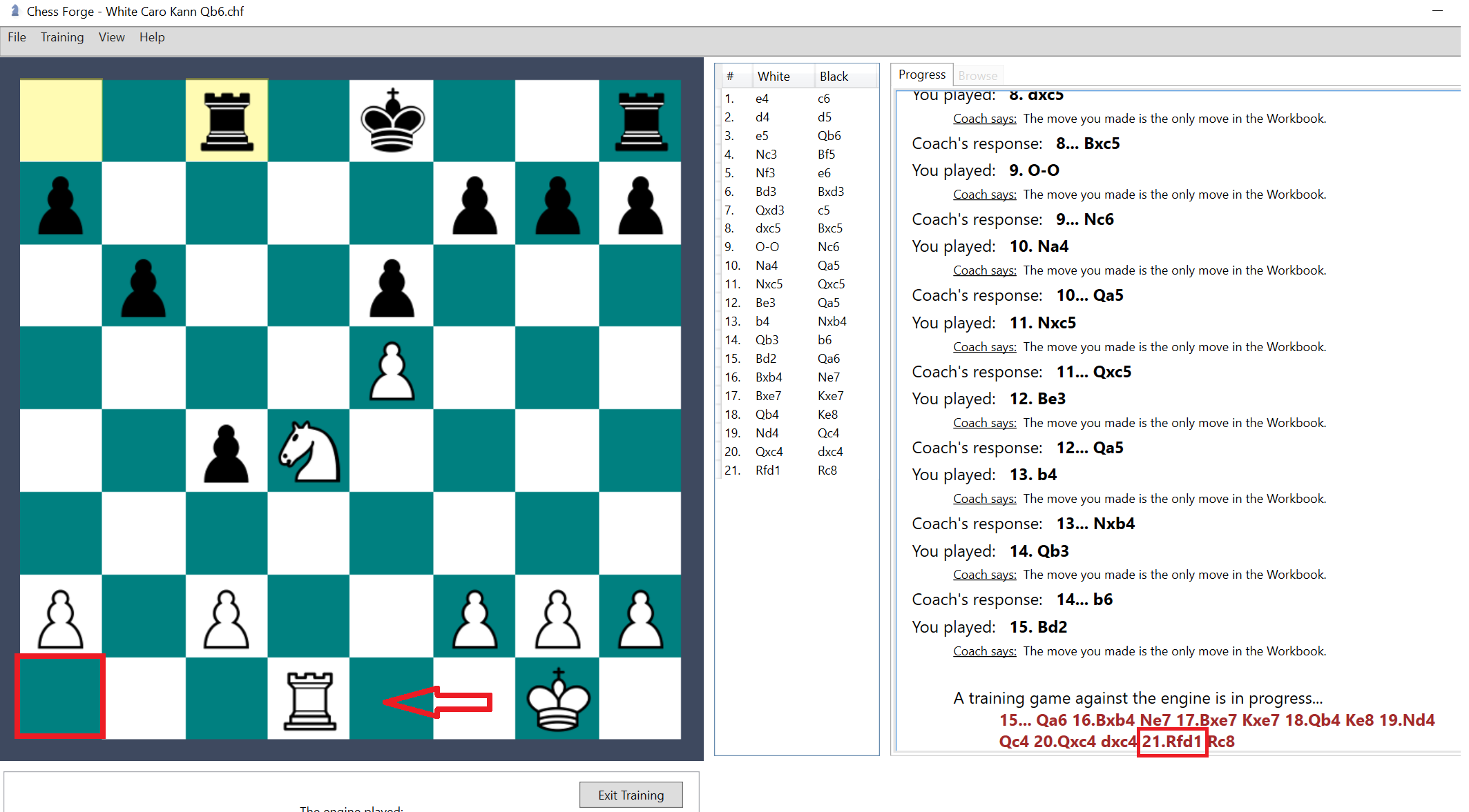 In Training Mode, after 21.Rfd1, system moves the rook correctly however Rook on a1 disappears ...