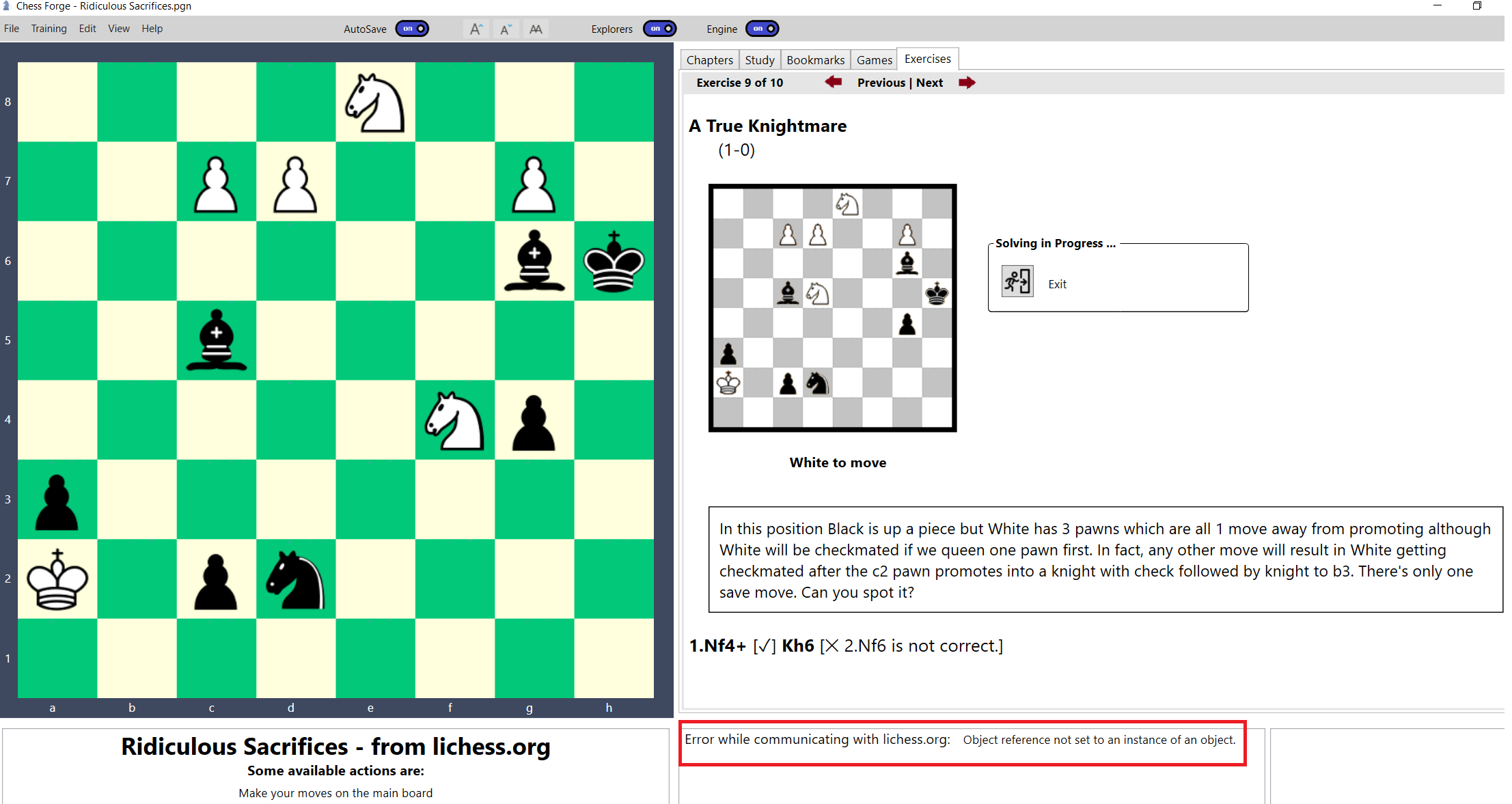 Li Chess communicating error when Explorer is on in Exercise Solving mode and user makes a wrong ...