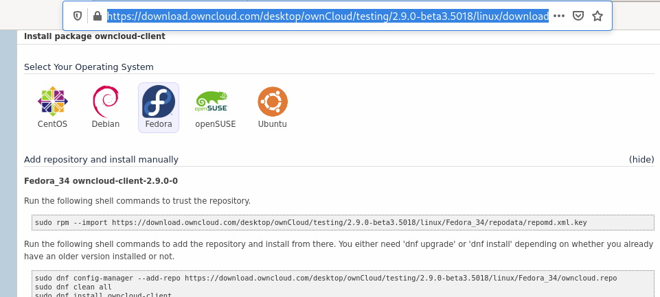 [QA] Linux download page for Fedora does not mention RC or Beta · Issue #8969 · owncloud/client ...