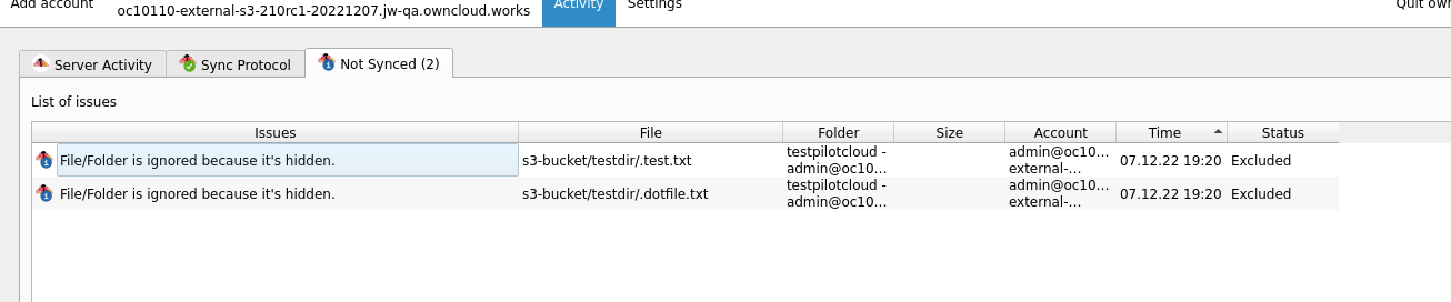 [qa] Hidden Files Are Reported Under Not Synced Only Temporarily · Issue 10343 · Owncloud
