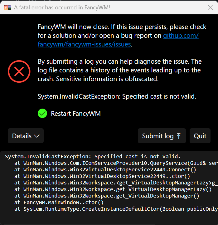 System.InvalidCastException error on startup · Issue #122 · FancyWM/fancywm · GitHub