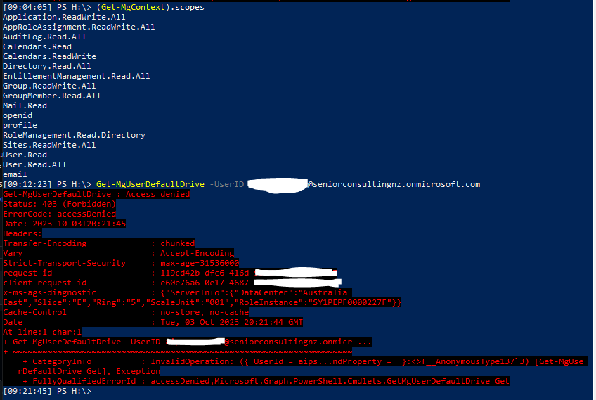 Access Denied when using Get-MgUserDefaultDrive, despite using delegated administrator ...
