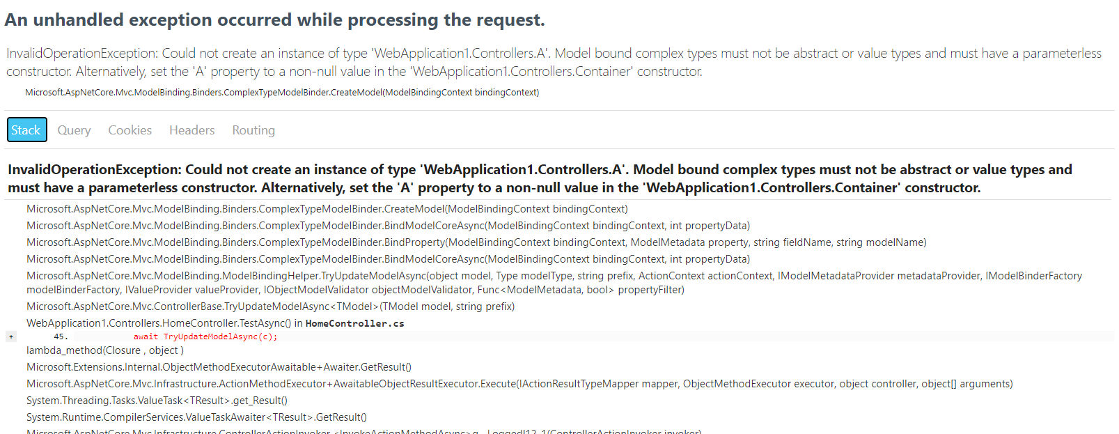 Irrelevant And Strange error in ControllerBase.TryUpdateModelAsync when the model class has an ...