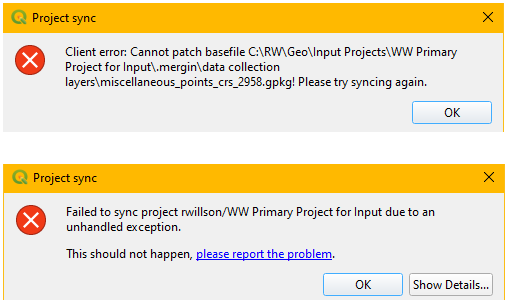 client error: cannot patch basefile and failed to sync project...due to unhandled exception ...