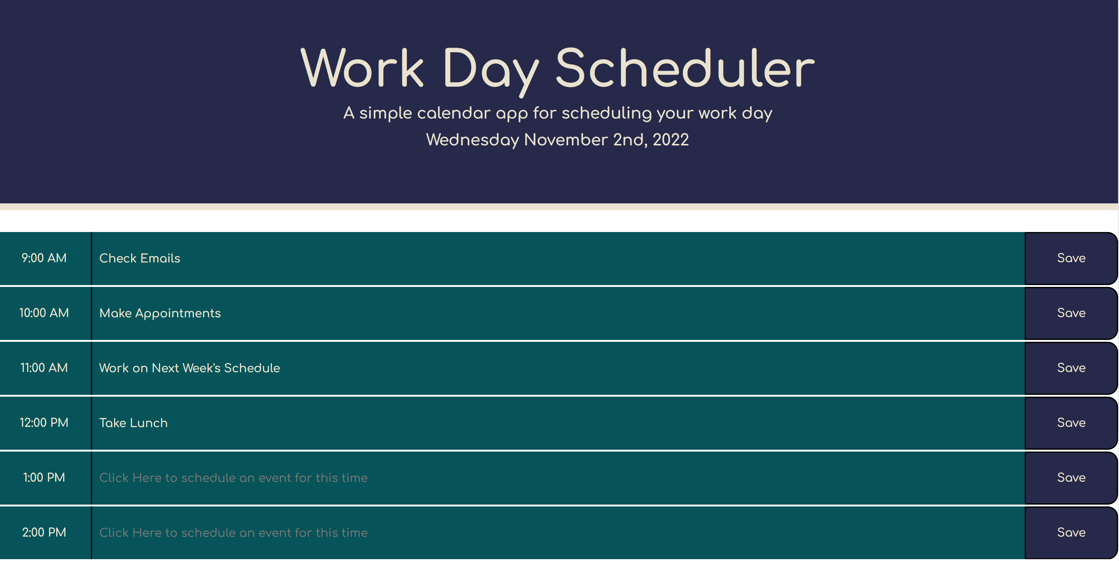 GitHub - mattiemarie/work_day_scheduler: Third-Party APIs: Work Day Scheduler