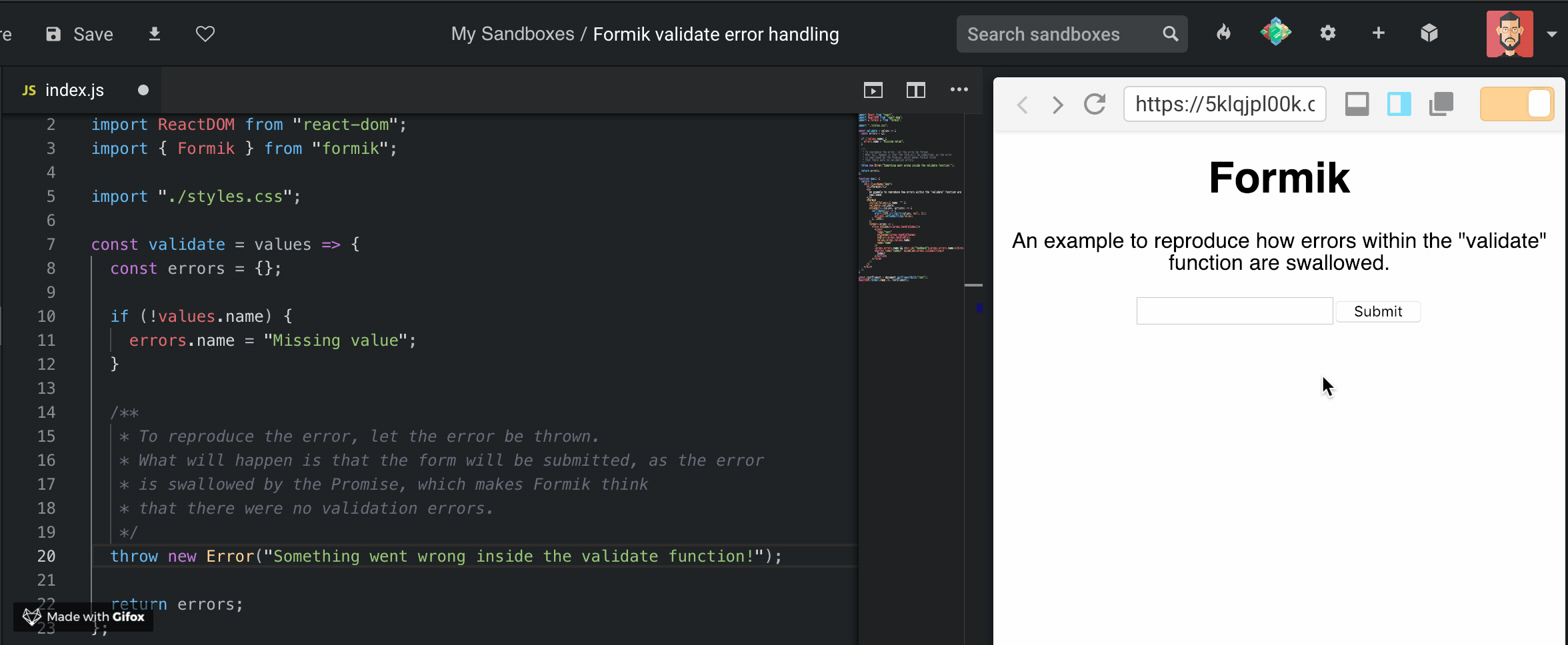 Form is submitted if there are uncaught errors in validate function · Issue #1198 · jaredpalmer ...