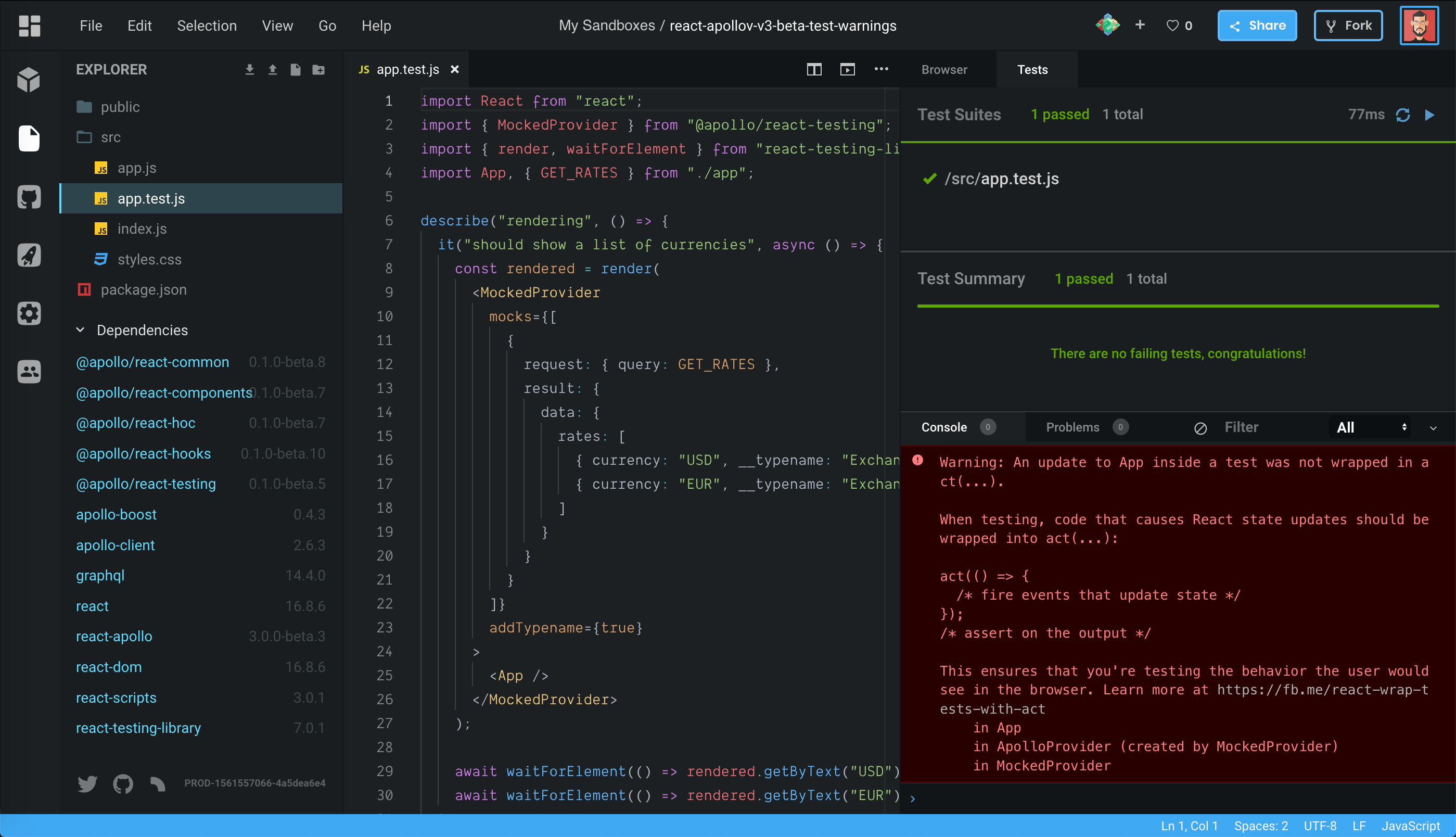 V3 Beta Using React Apollo V3 Tests Throw Warnings About State
